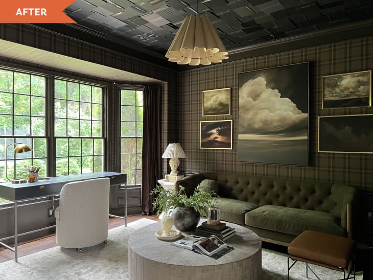 Home Office Redo with Plaid Wallpaper & DIY Book Ceiling - Before & After Photos | Apartment Therapy